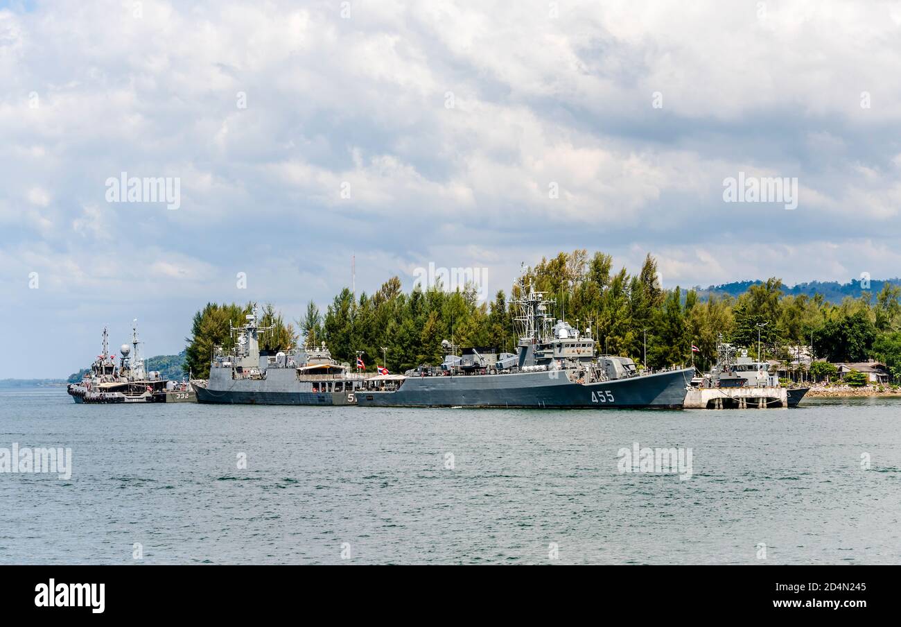 TAB LAMU, THAILAND - NOVEMBER 30, 2018: Pier with military and civilian ...