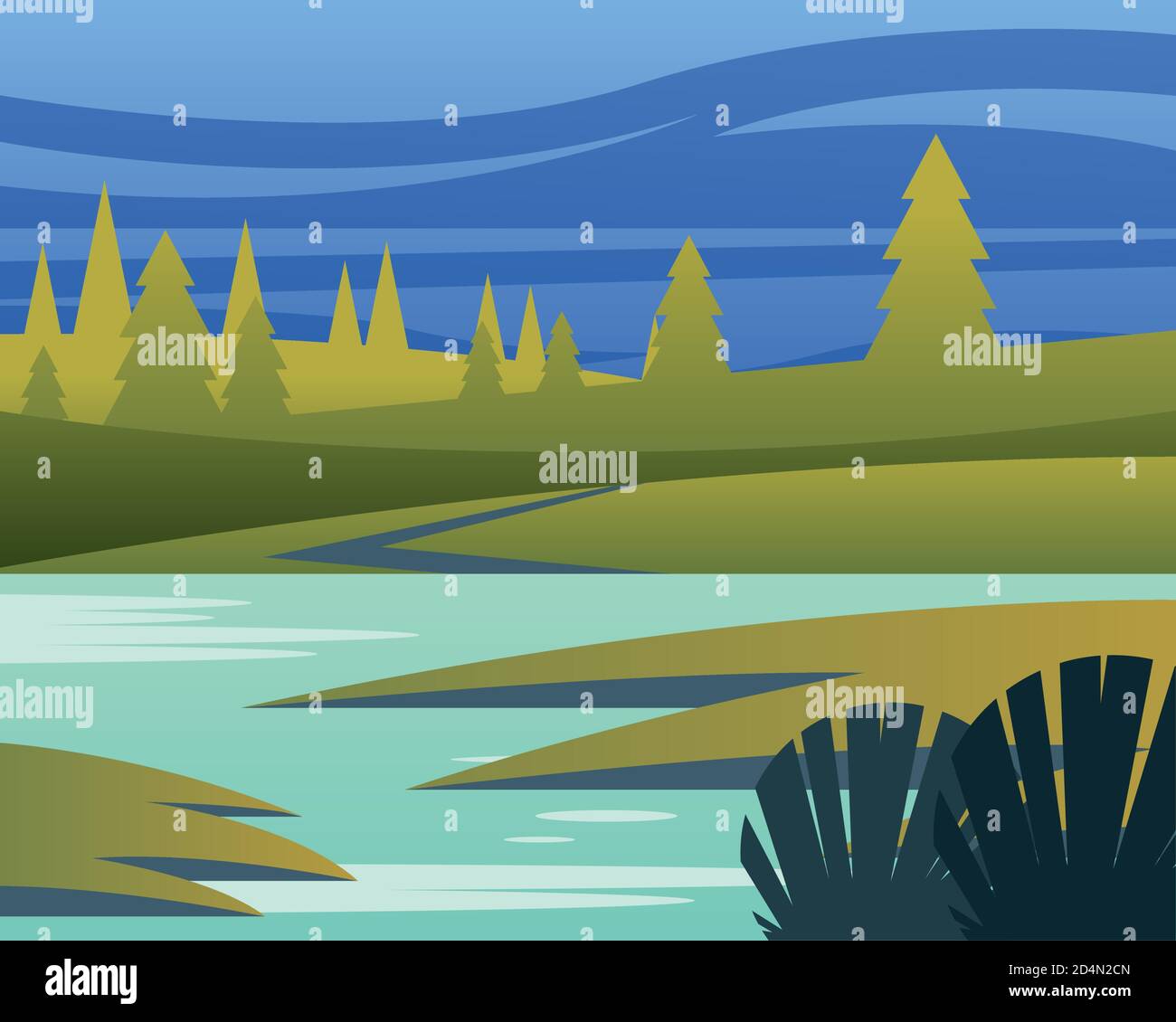 Landscape of river with pine trees and leaves design, nature and ...