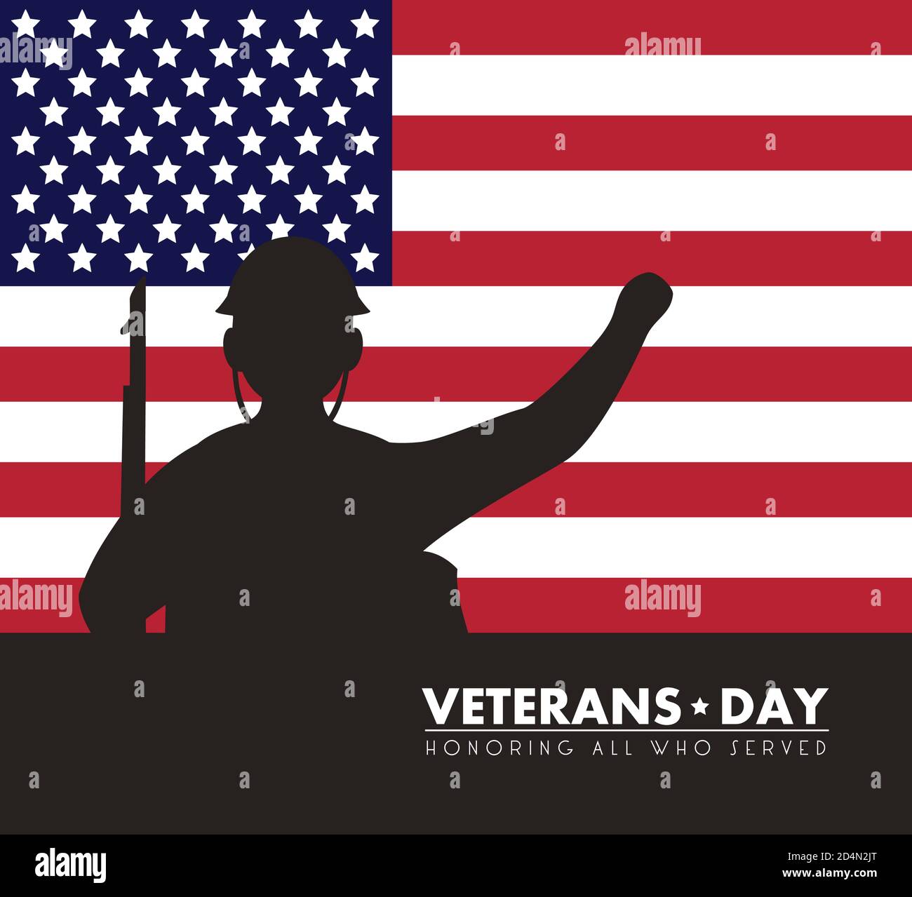happy veterans day lettering with usa flag and soldier silhouette ...