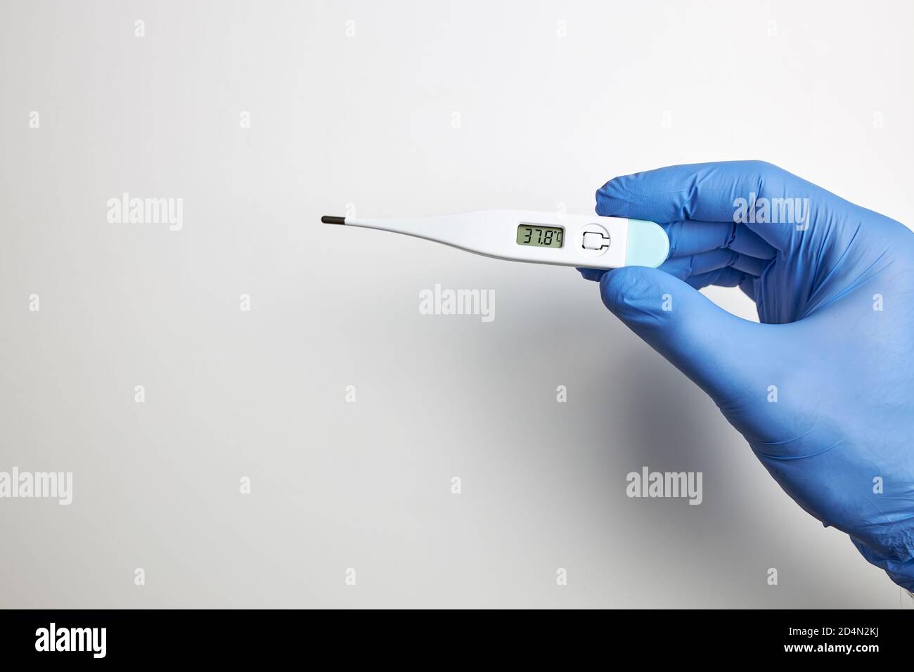 Hand with latex glove holding digital thermometer marking high ...
