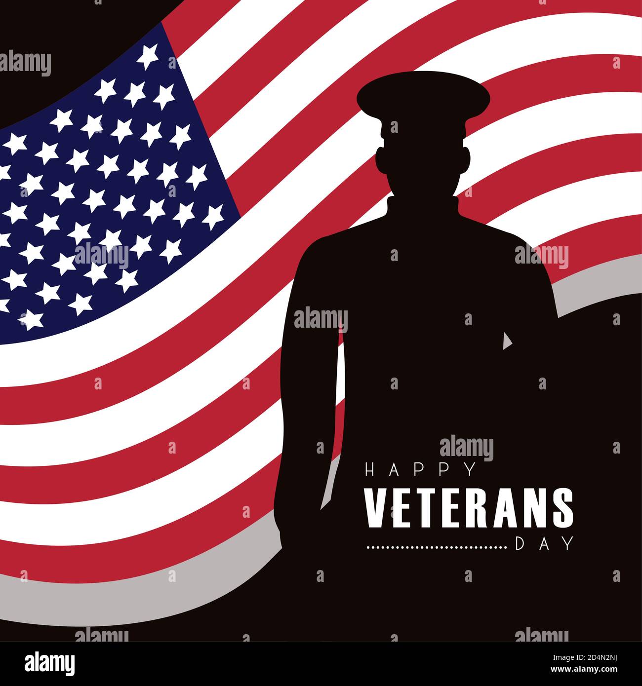 happy veterans day lettering with officer silhouette and flag vector ...