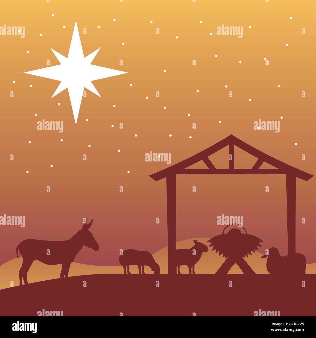happy merry christmas manger scene with baby and animals in stable ...