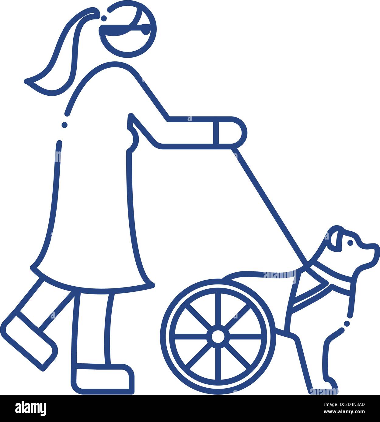 dog disabled with wheels leading the woman blind line style icon vector ...