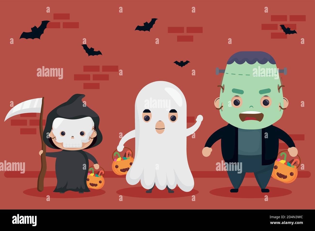 happy halloween frankenstein and death with ghost characters vector ...