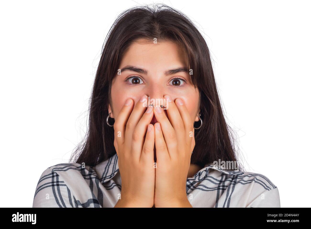 Portrait of young beautiful woman with shocked expression isolated ...