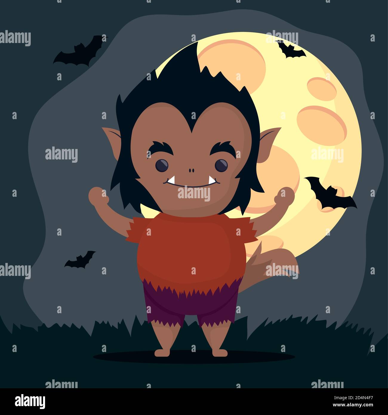 happy halloween cute wolf man character and bats flying vector ...