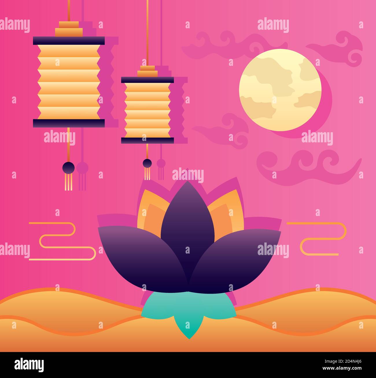 happy mid autumn festival poster with fullmoon and lotus flower vector ...