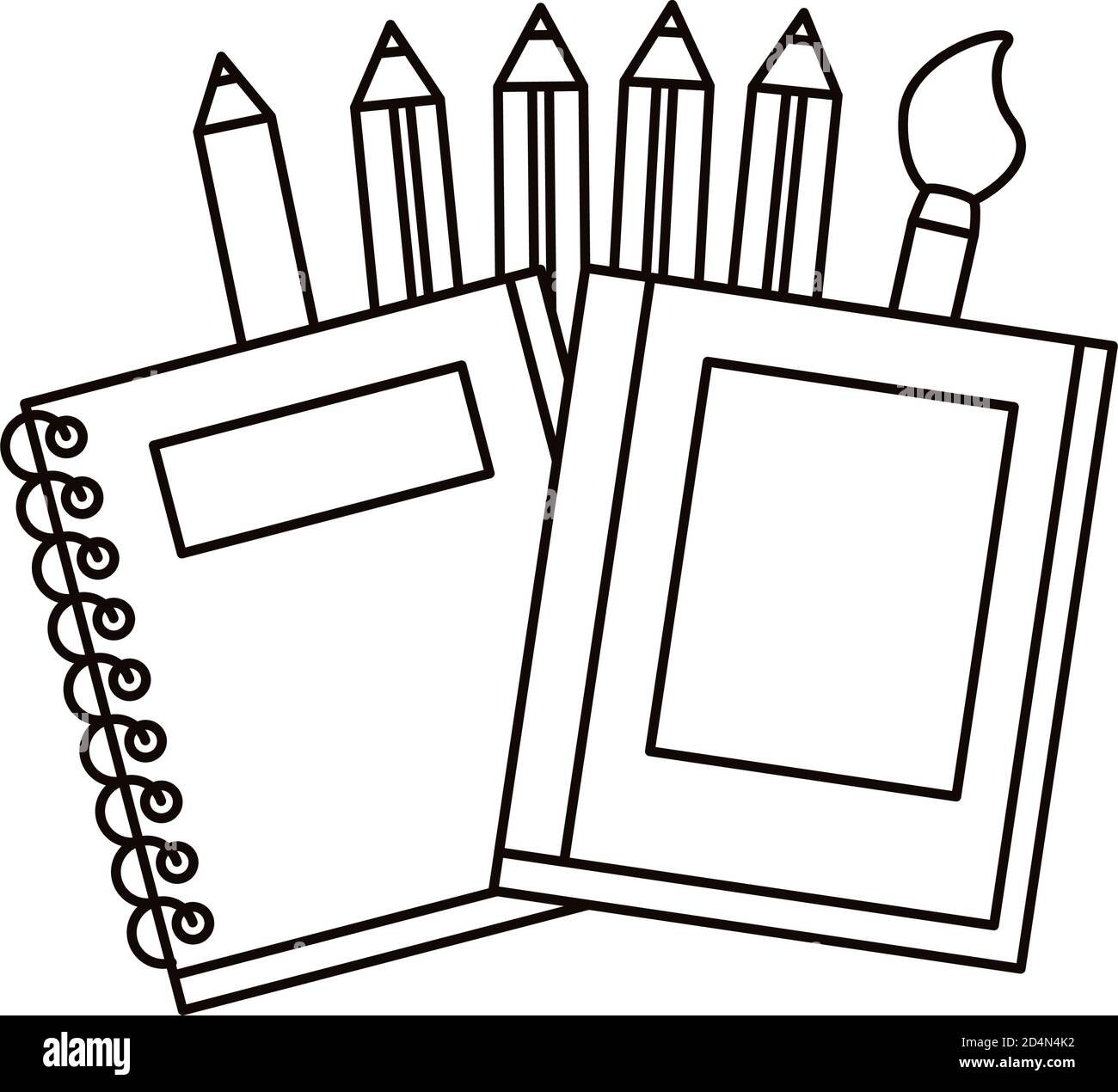 notebooks school with colors pencils and paint brush line style icon ...
