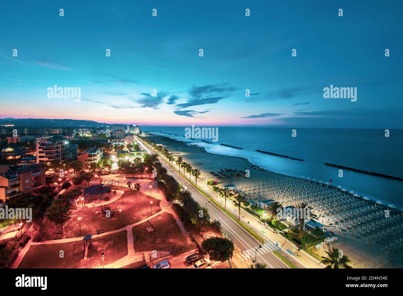 Montesilvano, Italy. June 16, 2018: Evening panorama at sunset ...