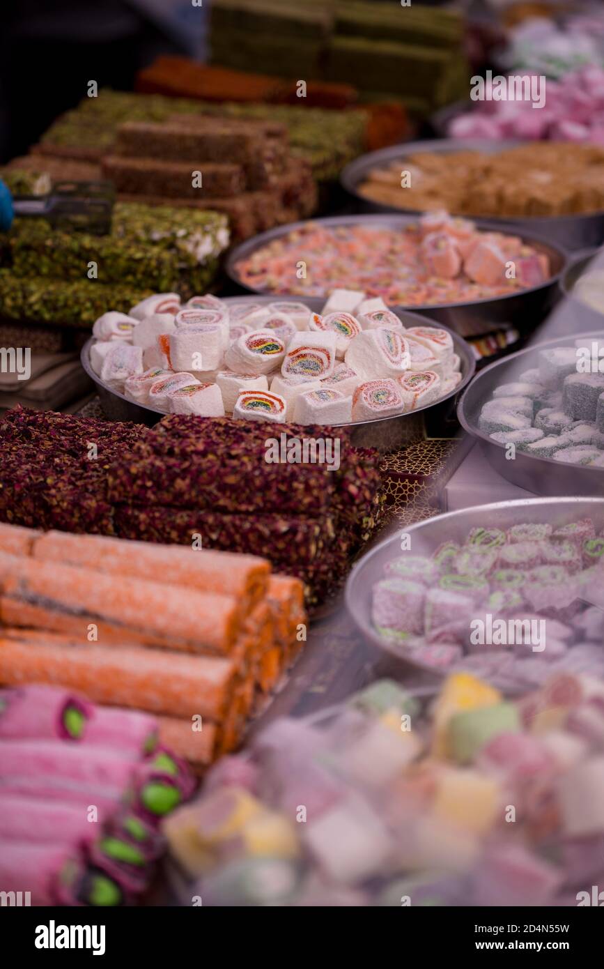 Set of the Turkish traditional sweet candies in the market Stock Photo ...