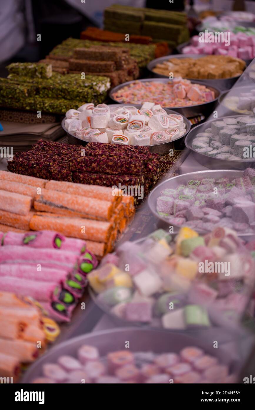 Set of the Turkish traditional sweet candies in the market Stock Photo ...