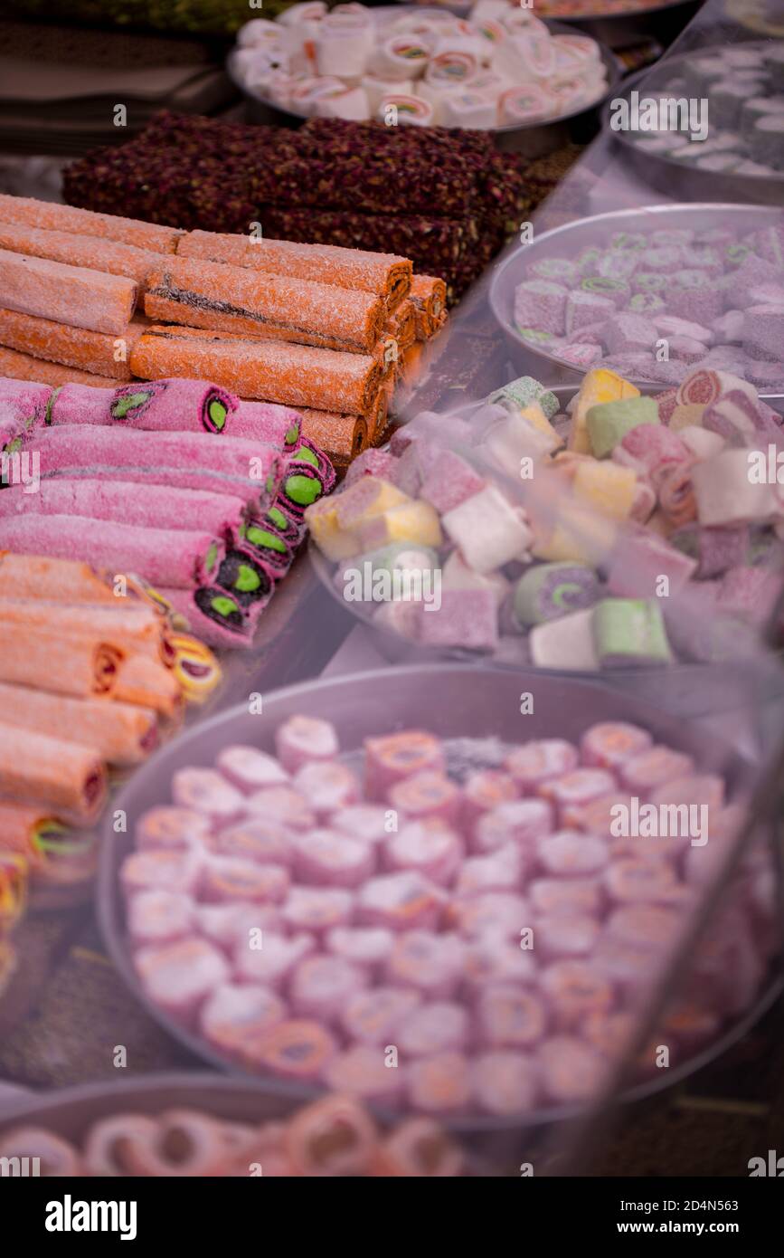 Set of the Turkish traditional sweet candies in the market Stock Photo ...
