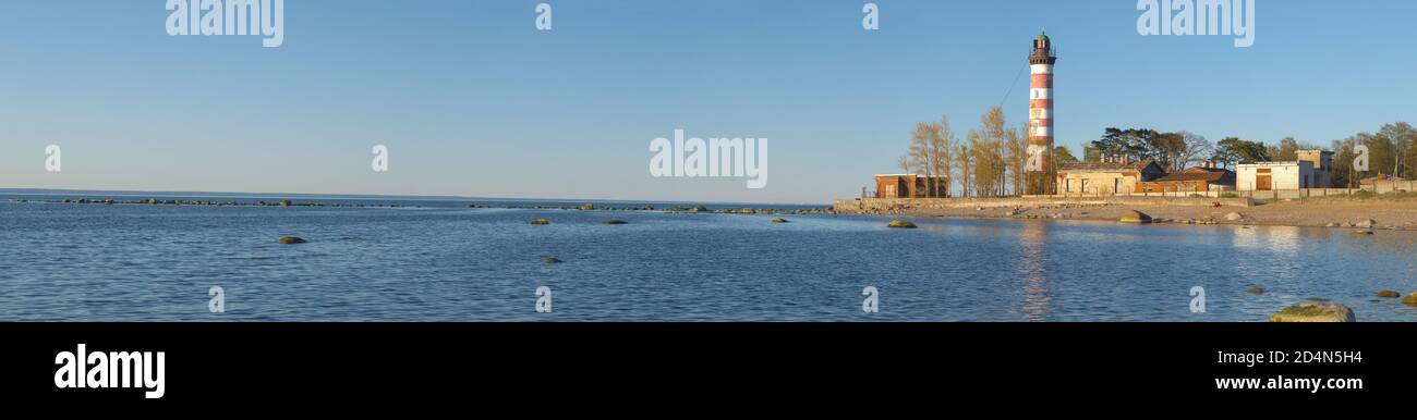 Panorama of the Gulf of Finland with Shepelevsky lighthouse on a sunny ...
