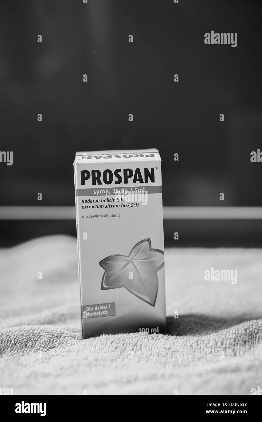 POZNAN, POLAND - Jul 18, 2017: Prospan coughing syrup medicine in a box ...
