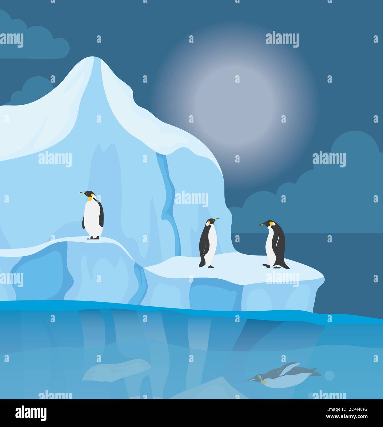 iceberg block arctic night scene with penguins vector illustration ...