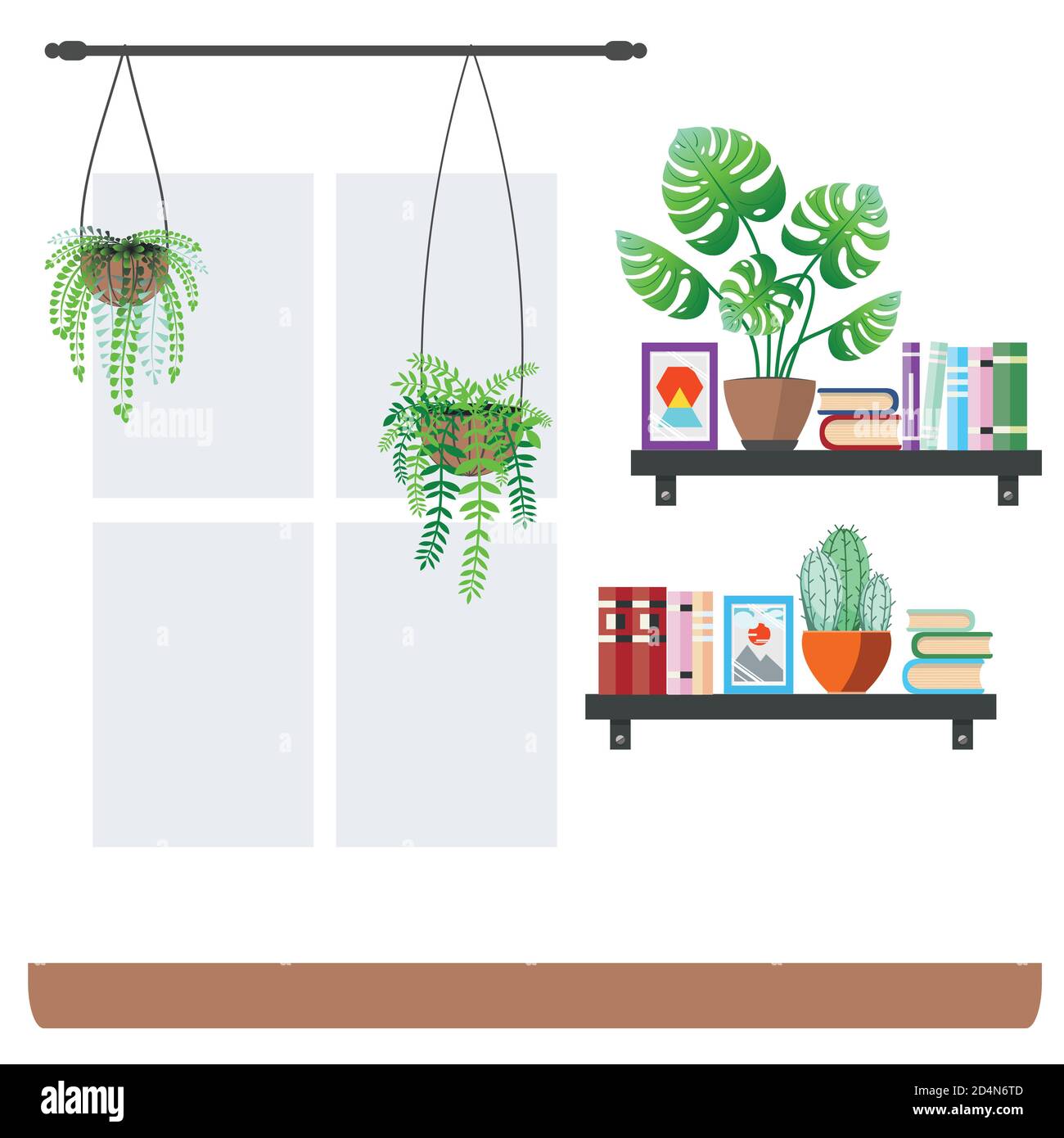 Simple room interior with bookshelf and house plants illustration Stock ...
