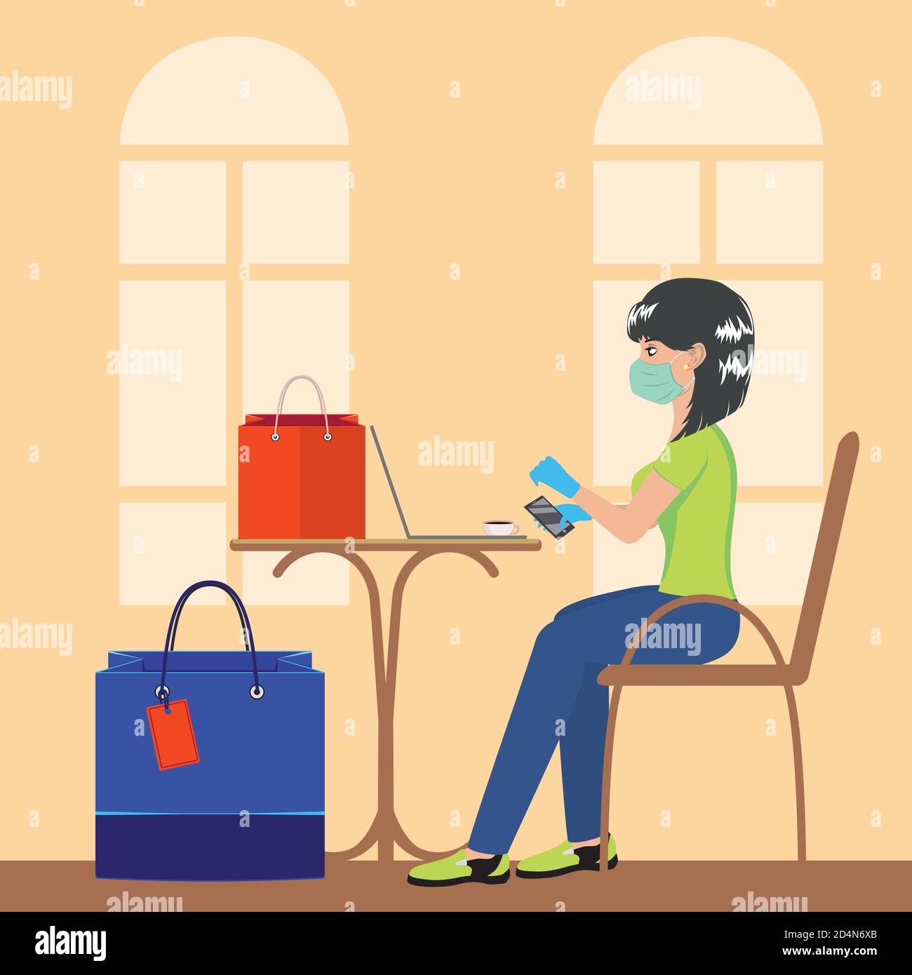 Cartoon woman in mask with shopping bags working on laptop in cafe ...