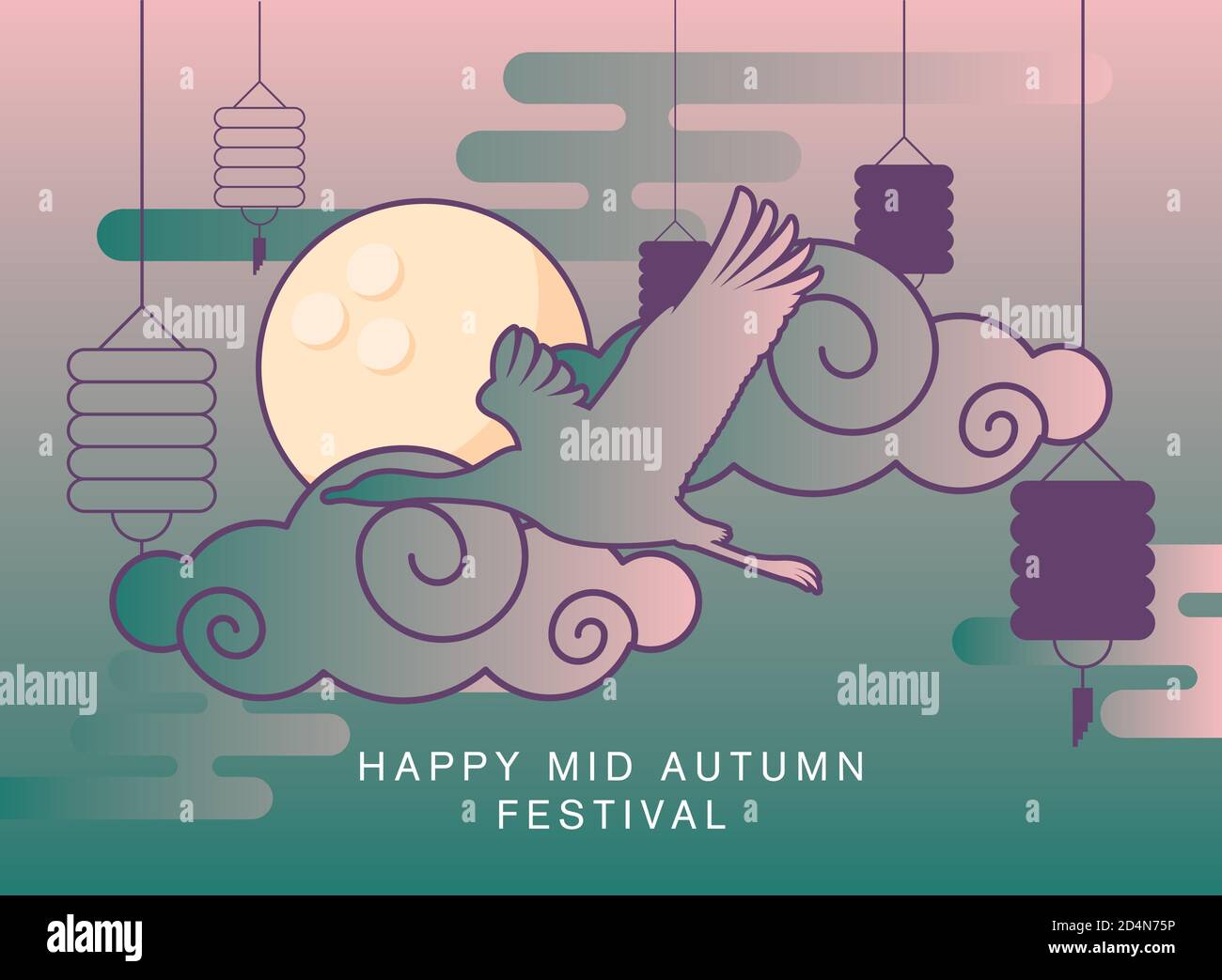 happy mid autumn harvest with moon clouds and stork design, chinese ...