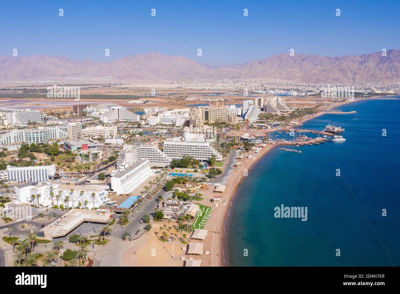 Eilat coastline, waterfront hotels and The Red Sea , Aerial view Stock ...