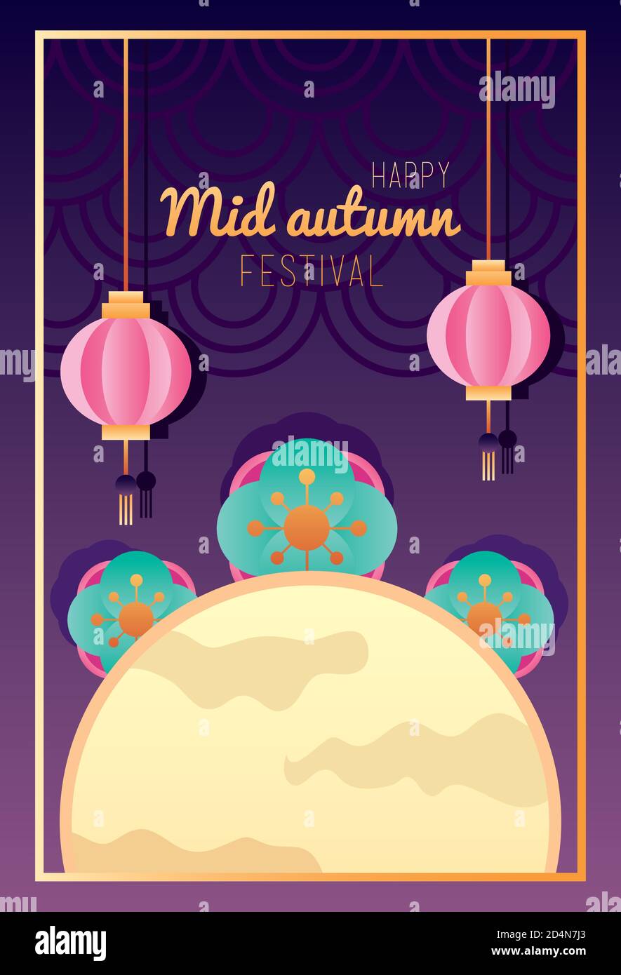 happy mid autumn festival lettering poster with moon and lantern vector ...