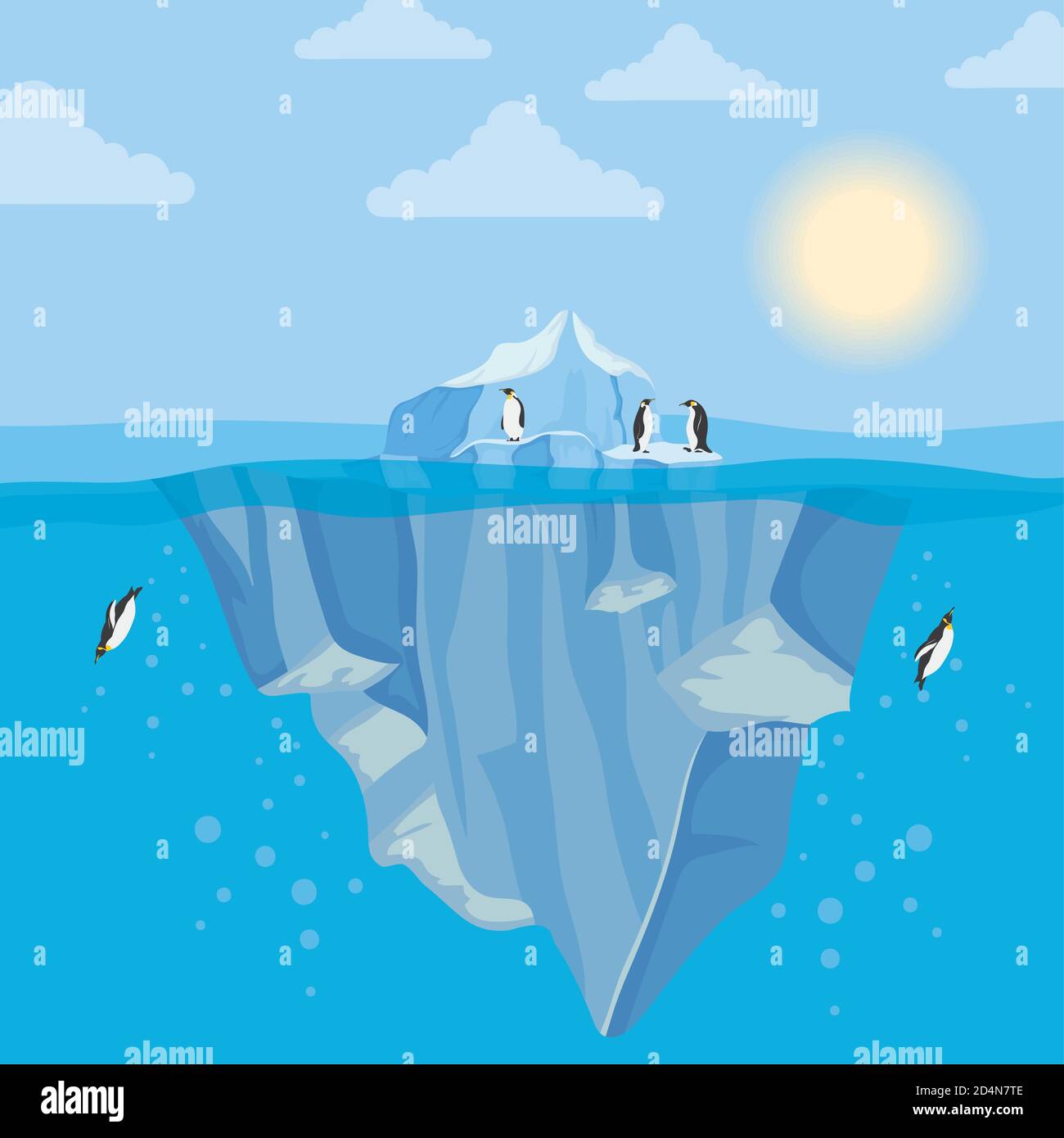 iceberg block arctic night scene with penguins swiming vector ...