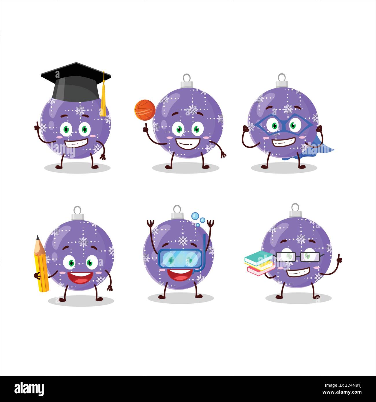 School student of christmas ball purple cartoon character with various ...