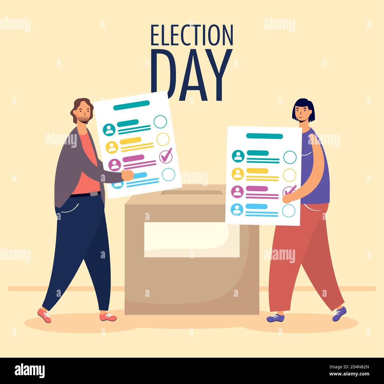 election day lettering with couple lifting voting cards in box vector ...