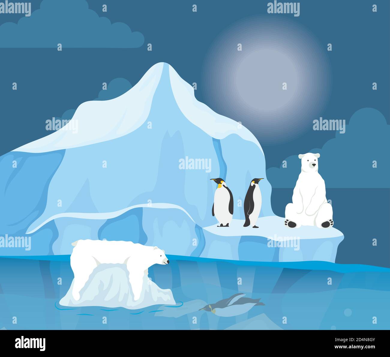 iceberg block arctic night scene with penguins and polar bear vector ...