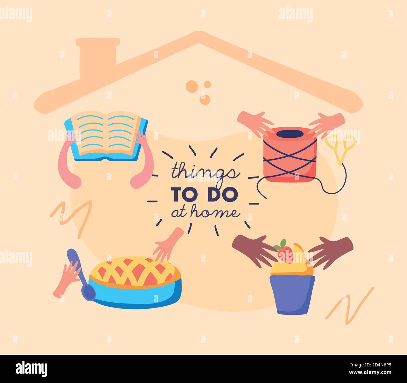 things to do at home lettering with persons hands in house vector ...