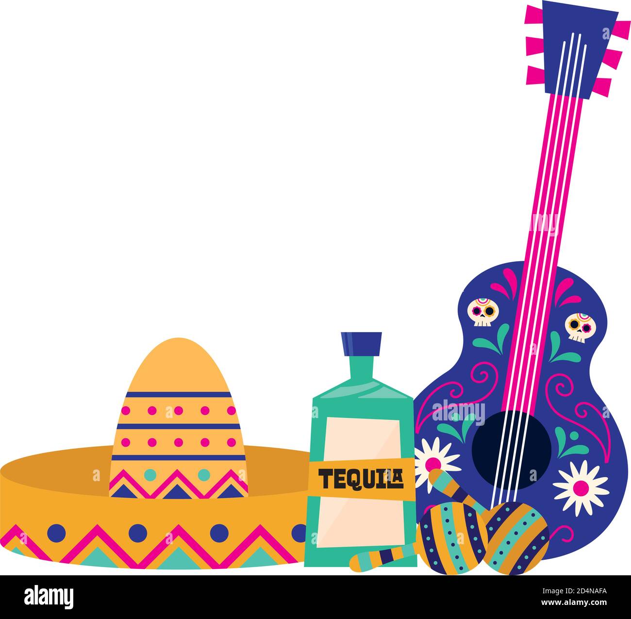 Mexican guitar hat tequila and maracas design, Mexico culture theme ...