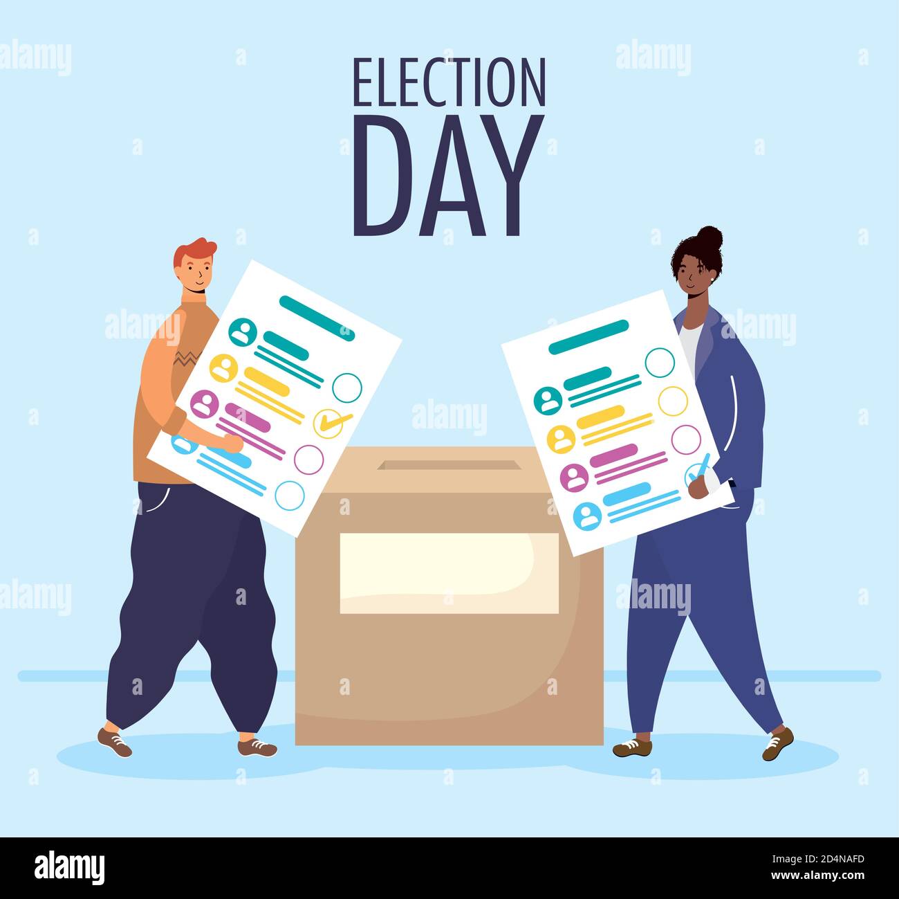 election day lettering with interracial couple lifting voting cards in ...