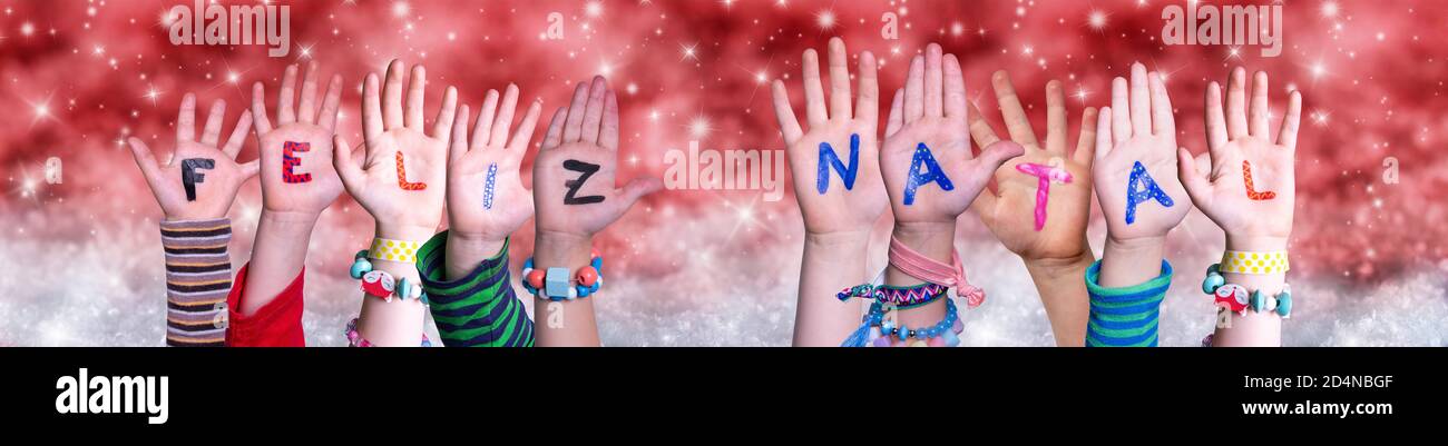Children Hands Feliz Natal Means Merry Christmas, Red Christmas ...