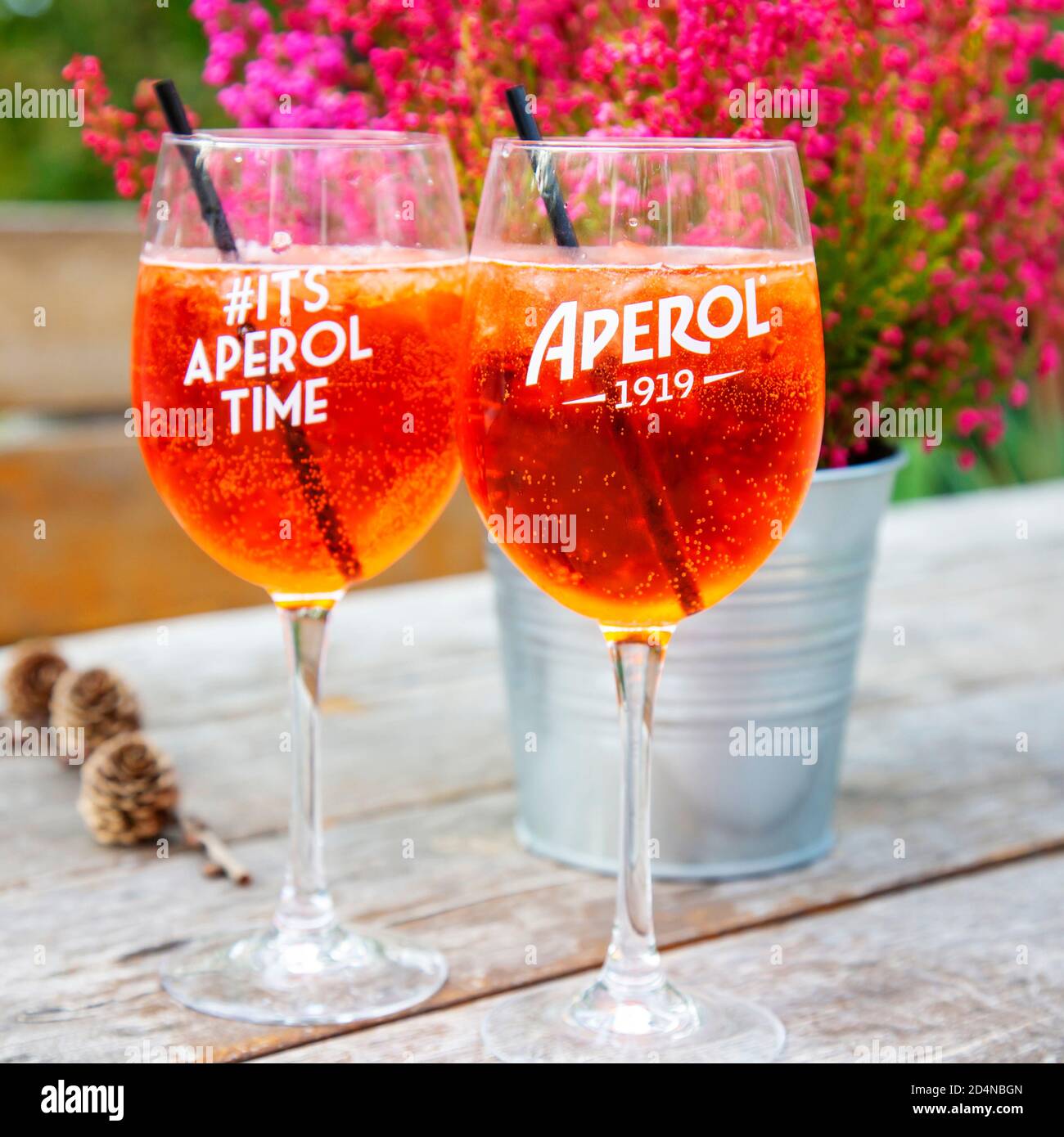 Prague, Czech republic, October 8, 2020: Aperol drinks on outdoor table ...