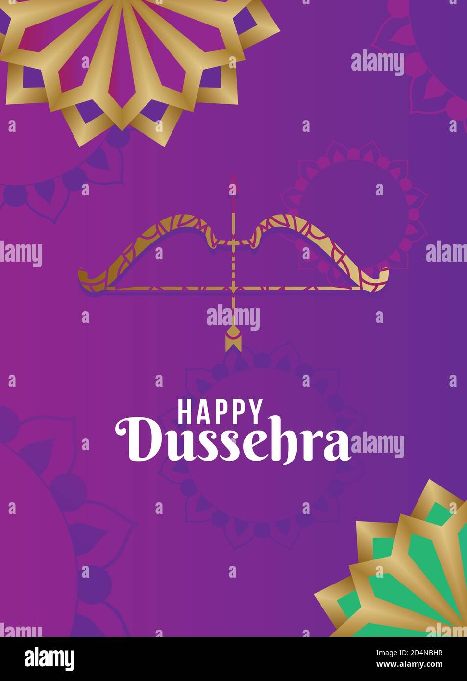 Happy dussehra and bow with arrow on purple mandalas background design ...