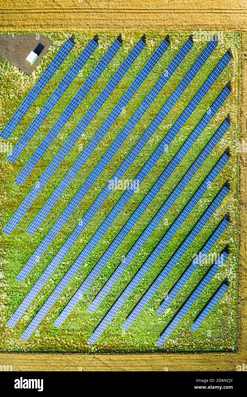 Top down view of solar panels on green field, Poland Stock Photo - Alamy