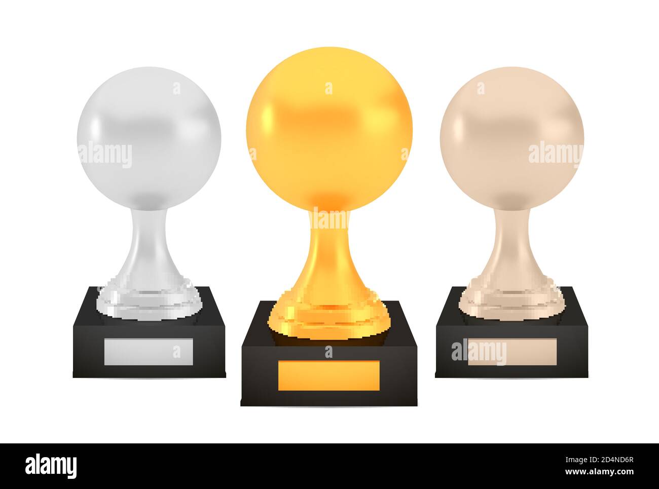 Winner sphere awards set, gold silver bronze trophy cups on stands with ...
