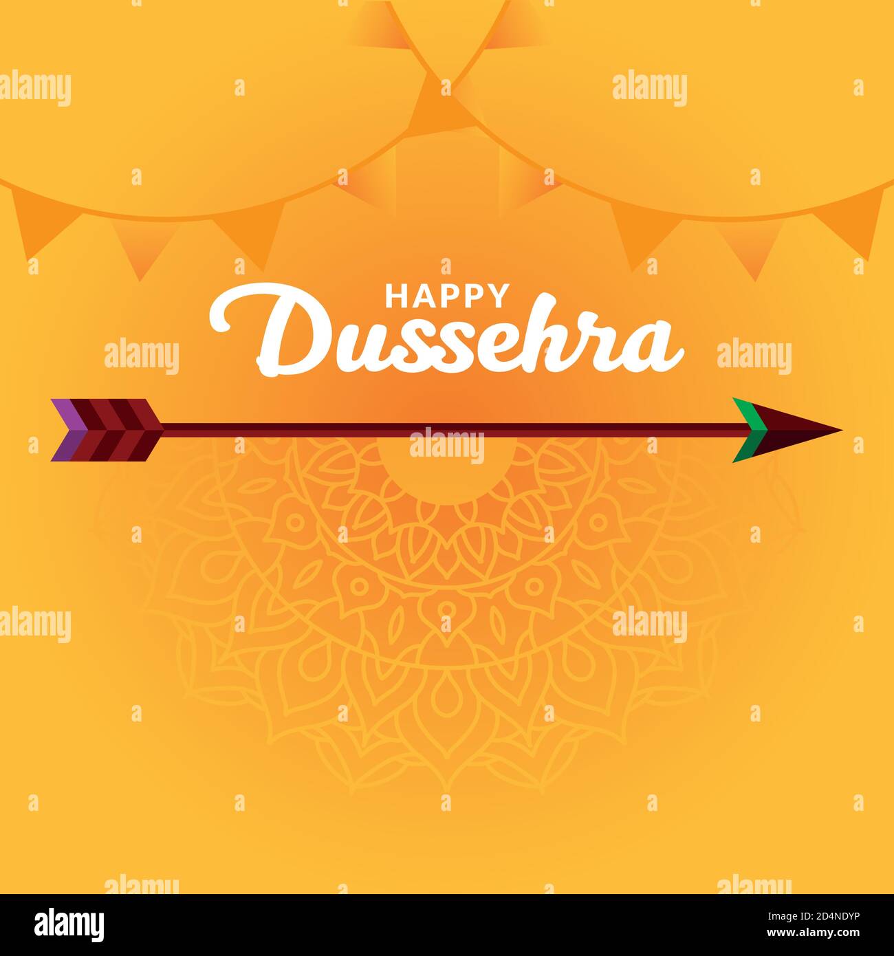 Happy dussehra arrow on yellow mandala background with banner pennants ...