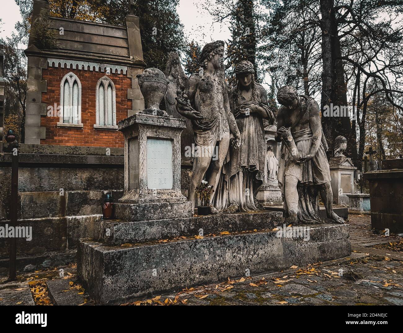 Lviv / Ukraine - November 2019: A set of sculptures at the old crypt at ...