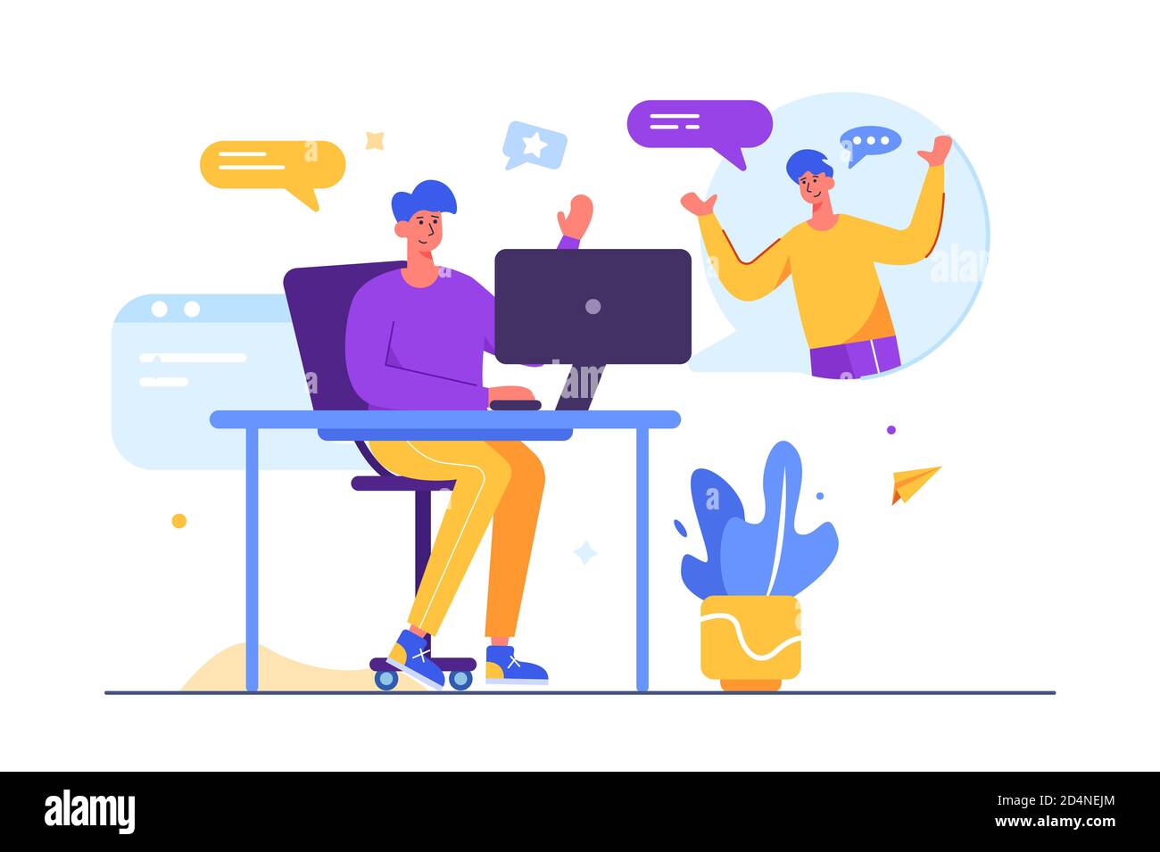 Two guys communicate wirelessly through a computer Stock Vector Image ...