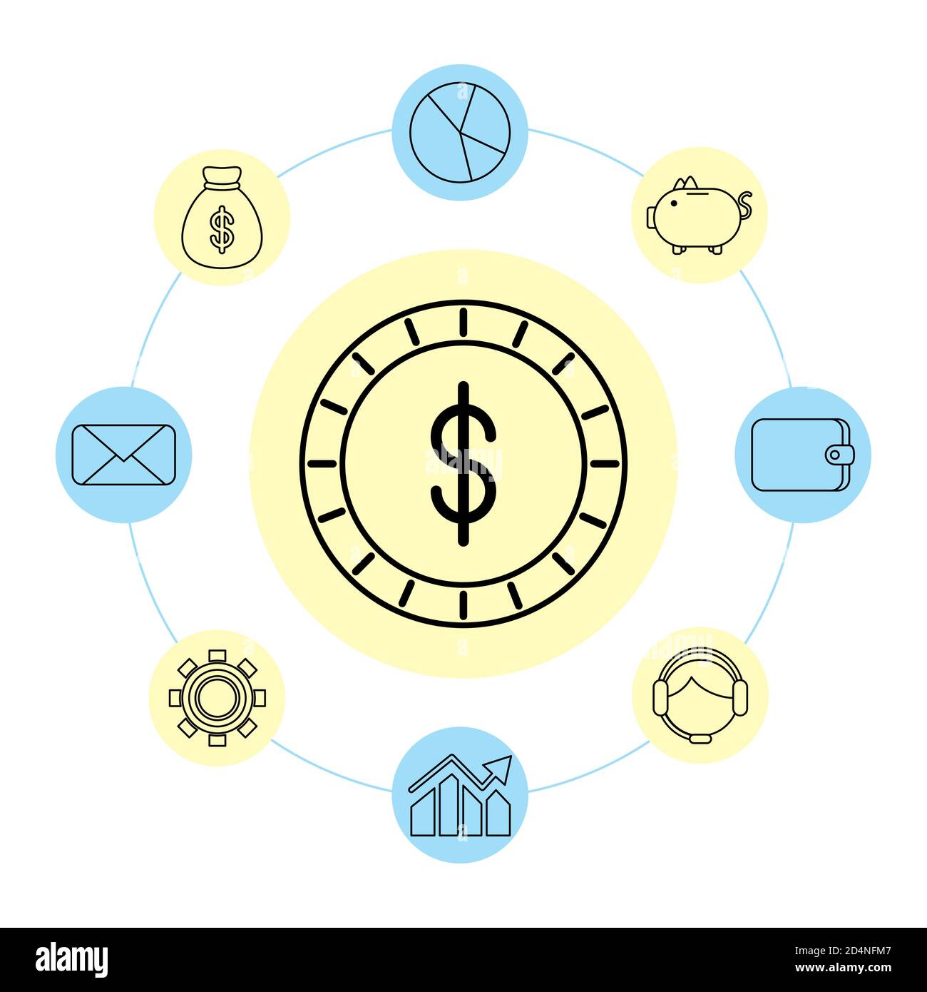 coin dollar with bundle of infographics set line style icons vector ...