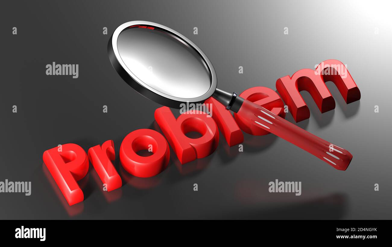 Magnifier passing over the write Problem, on black glossy background ...