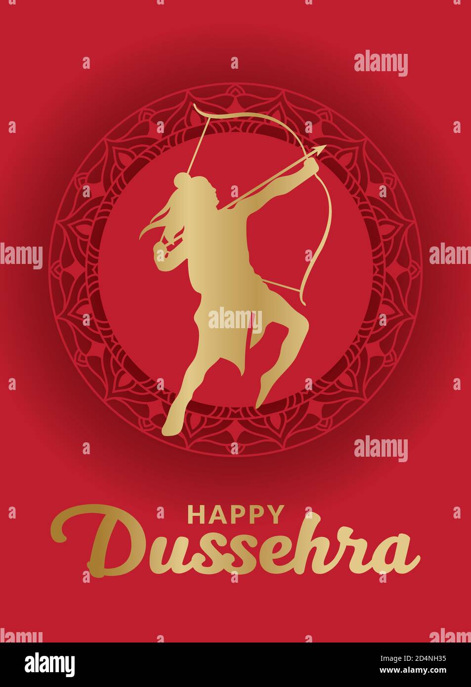 Happy dussehra and lord ram with bow and arrow on red mandala design ...