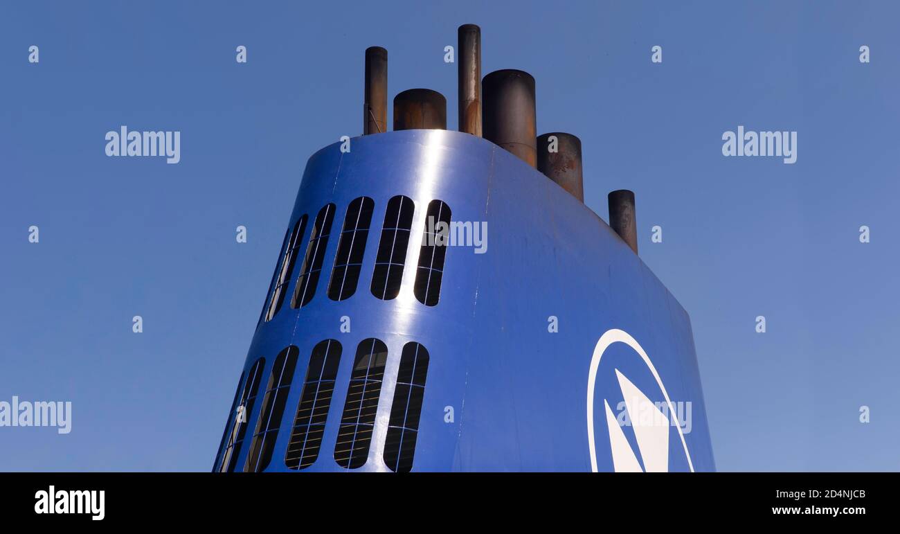 Blue chimney with logo of the DFDS Danish international shipping and ...