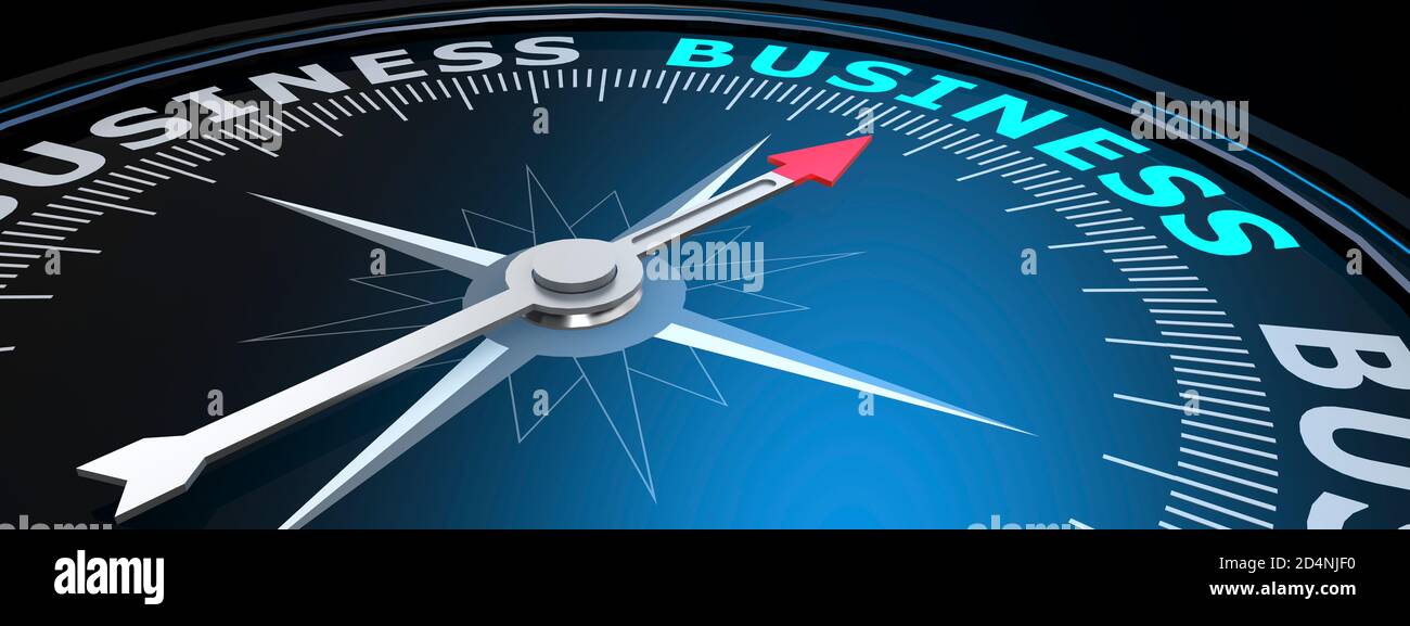Abstract compass points to the business word, 3D rendering Stock Photo ...