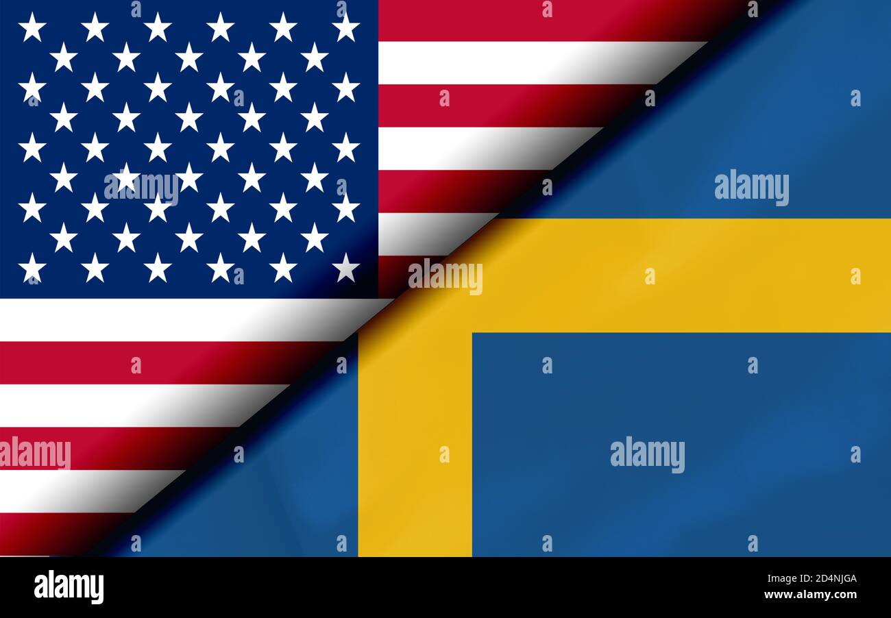 Flags of the USA and Sweden Divided Diagonally. 3D rendering Stock ...