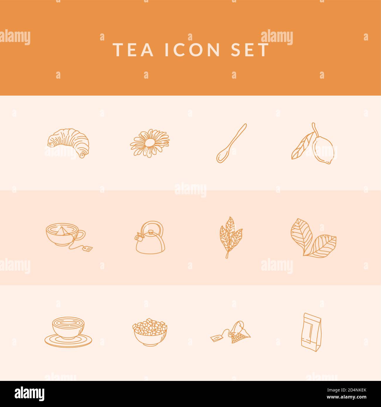 Tea line style 12 icon set design, Time drink breakfast and beverage ...