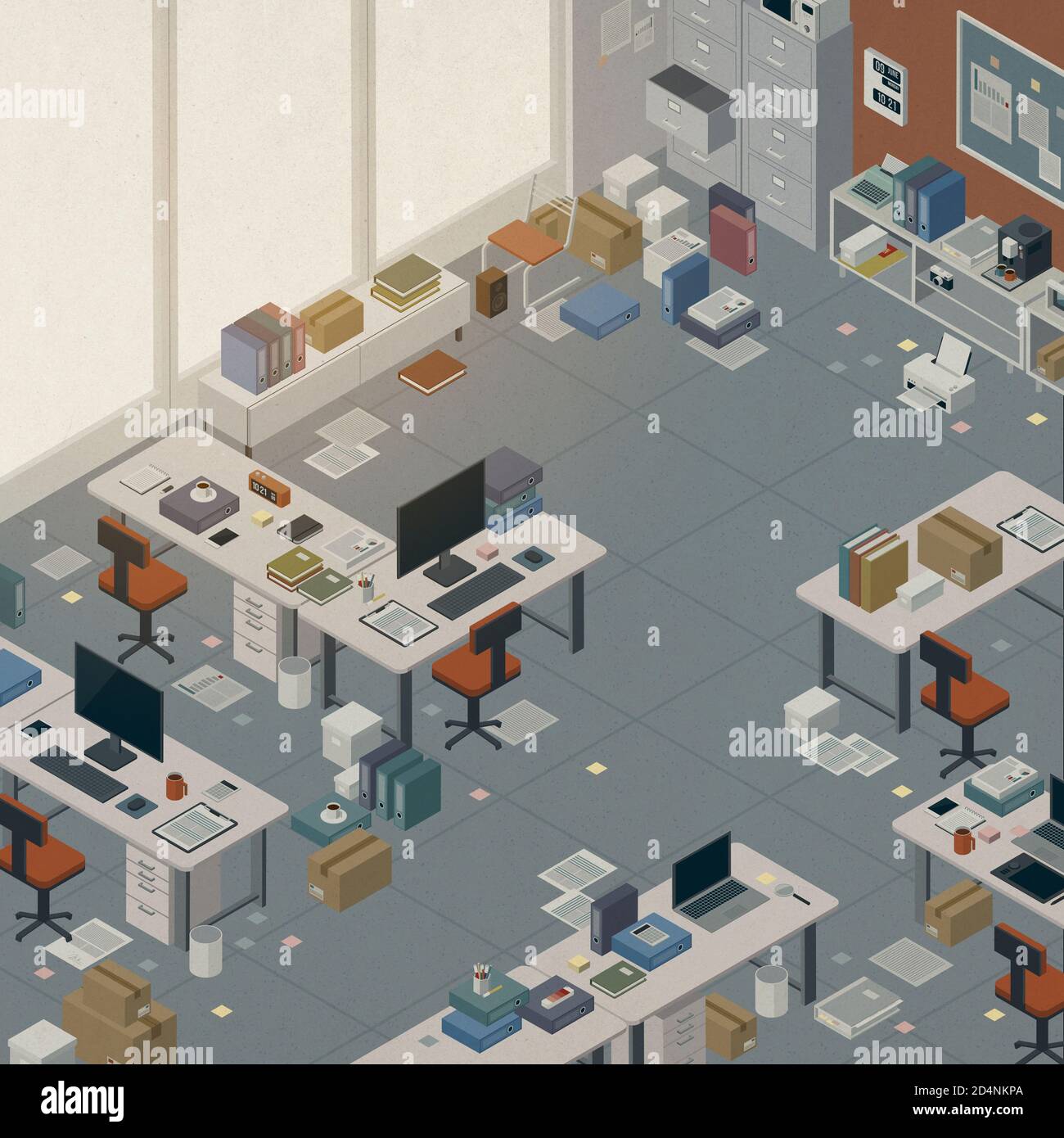 Messy corporate business office interior with cluttered desks and piles ...