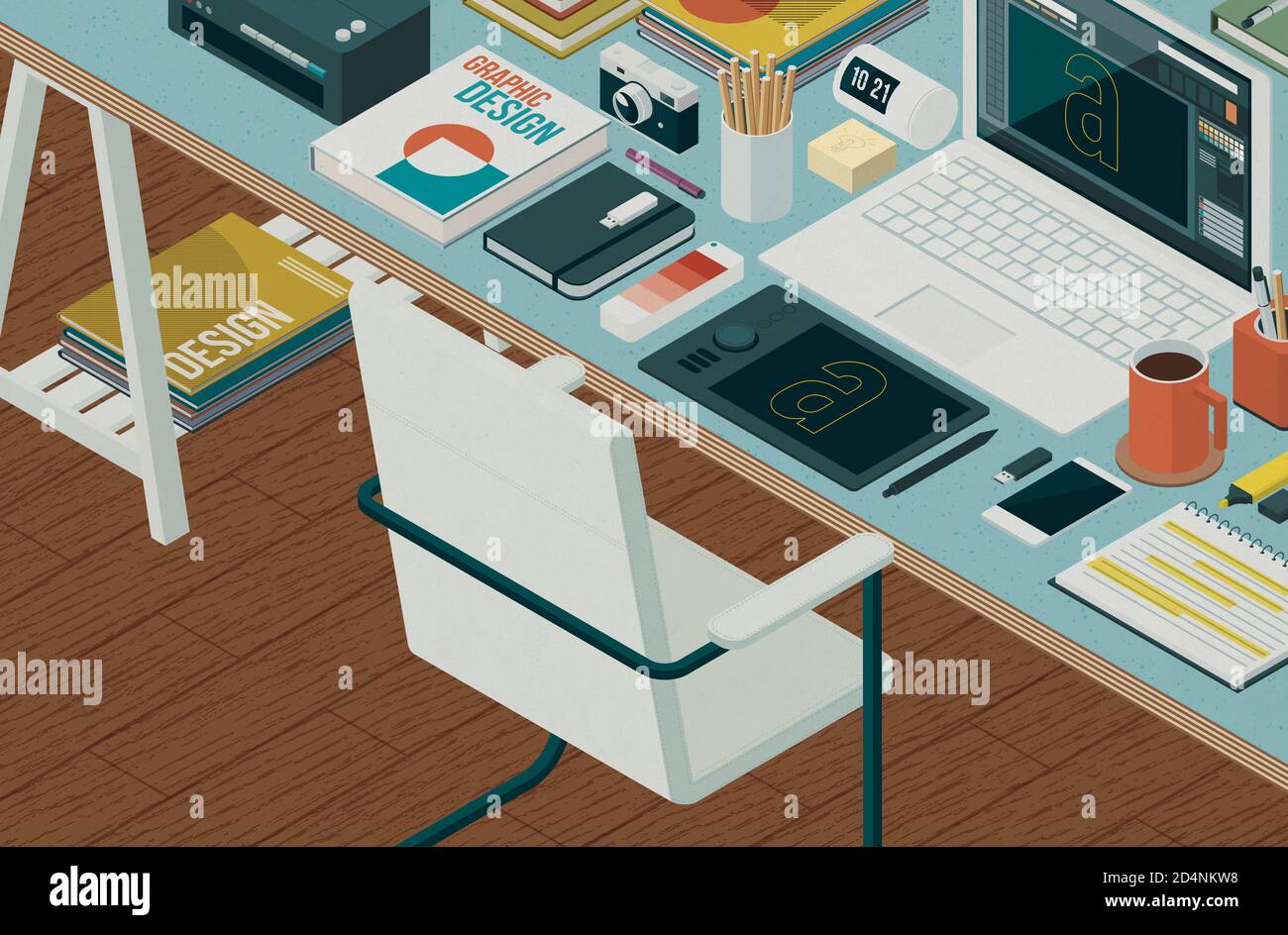 Professional graphic designer workspace: isometric desktop with ...