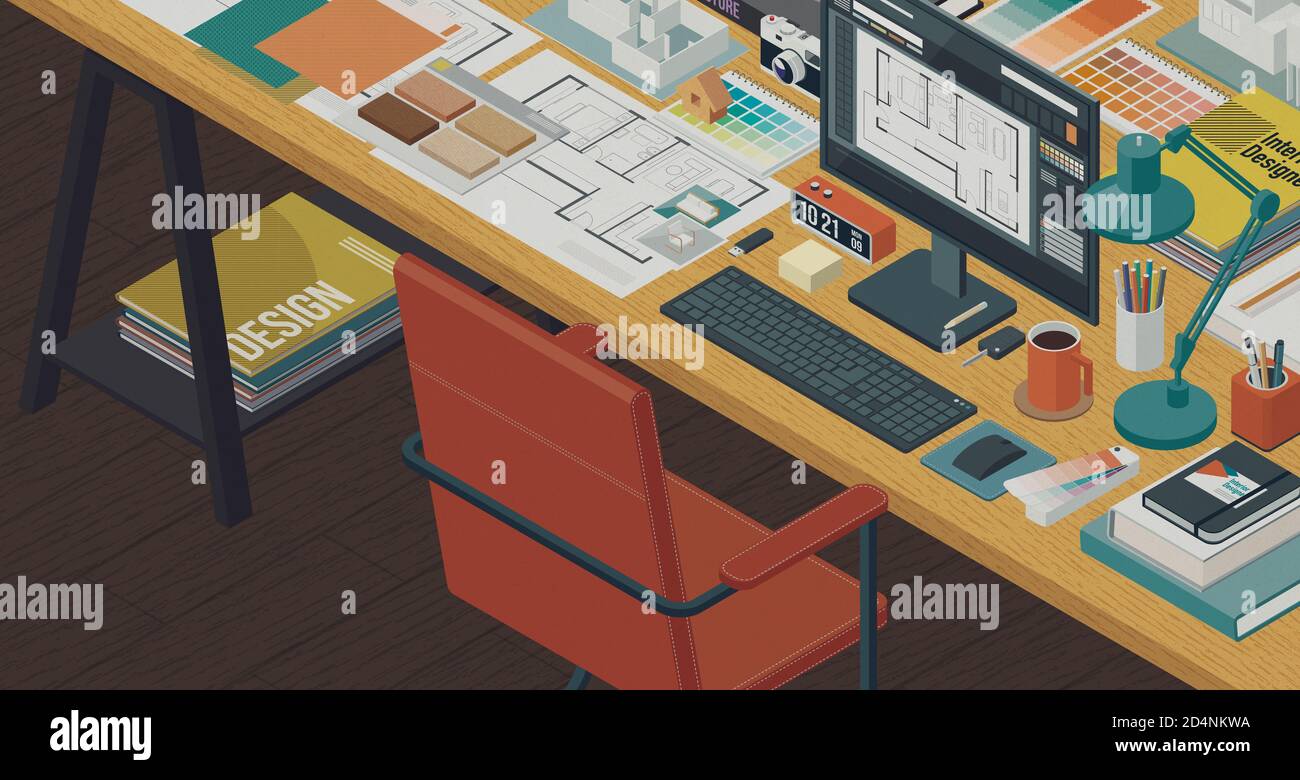 Professional architect isometric desktop with house project on the ...