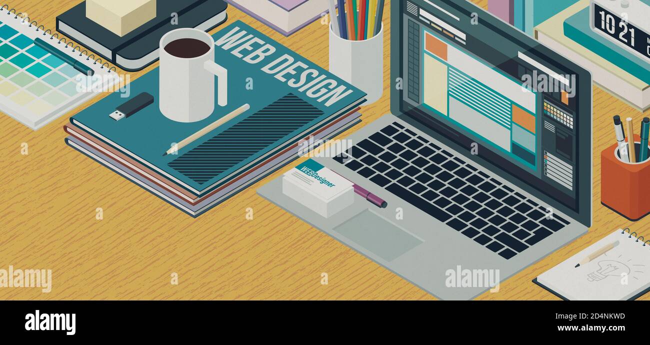Professional web designer workspace in the office: isometric desktop ...